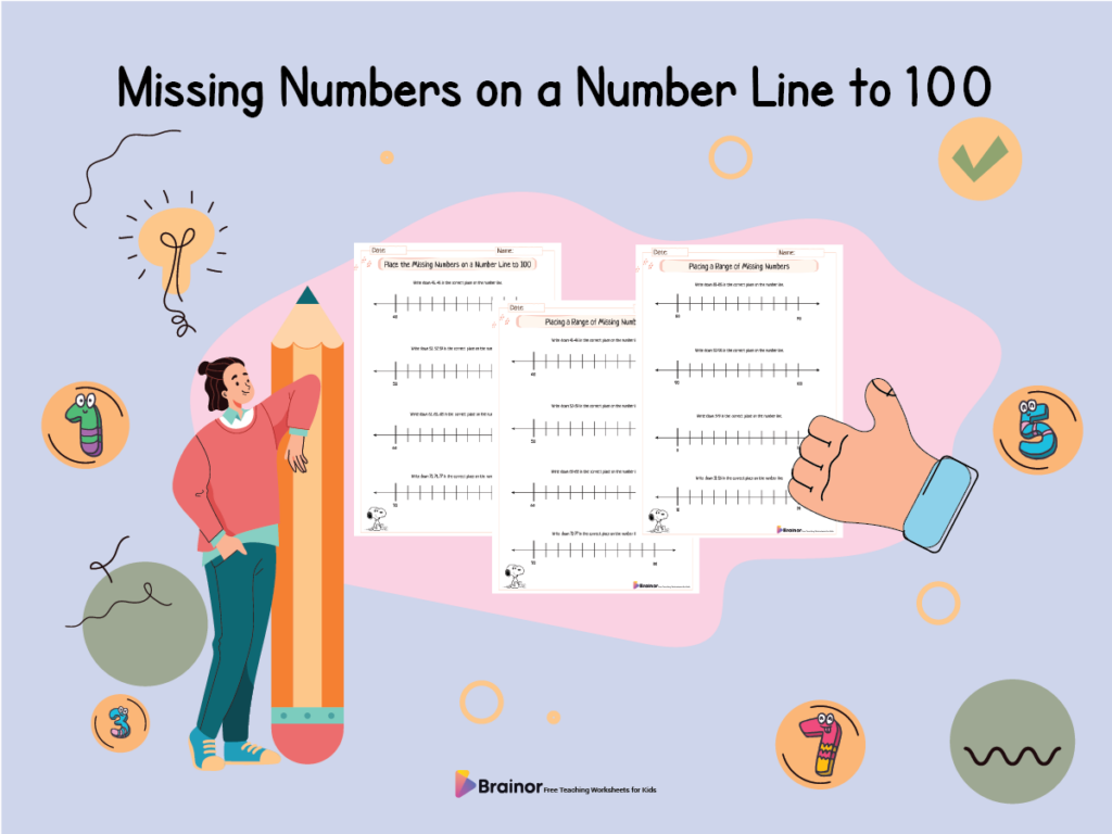 15 Missing Numbers on a Number Line to 100 Worksheets